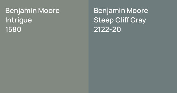 Benjamin Moore Intrigue vs. Benjamin Moore Steep Cliff Gray comparison