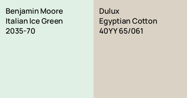 Benjamin Moore Italian Ice Green vs. Dulux Egyptian Cotton comparison