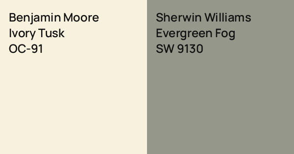 Benjamin Moore Ivory Tusk vs. Sherwin Williams Evergreen Fog comparison