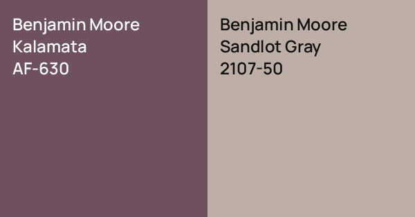 Benjamin Moore Kalamata vs. Benjamin Moore Sandlot Gray comparison