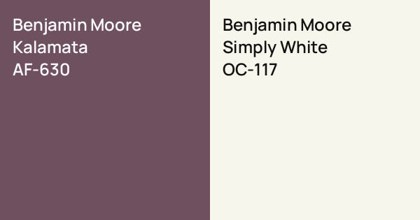 Benjamin Moore Kalamata vs. Benjamin Moore Simply White comparison