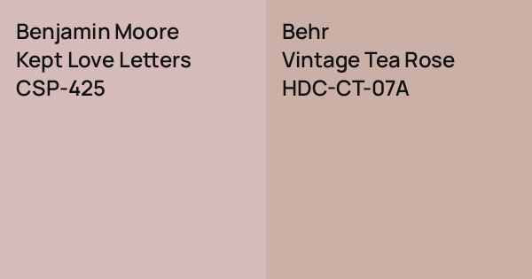 Benjamin Moore Kept Love Letters vs. Behr Vintage Tea Rose comparison
