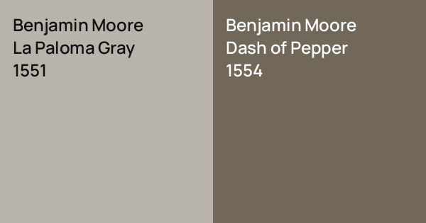 Benjamin Moore La Paloma Gray vs. Benjamin Moore Dash of Pepper comparison