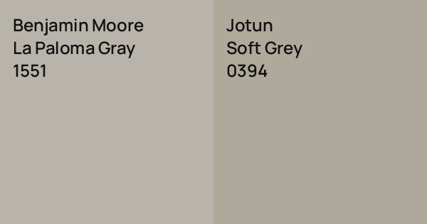 Benjamin Moore La Paloma Gray vs. Jotun Soft Grey comparison