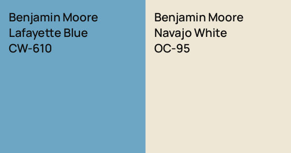 Benjamin Moore Lafayette Blue vs. Benjamin Moore Navajo White comparison
