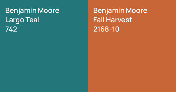 Benjamin Moore Largo Teal vs. Benjamin Moore Fall Harvest comparison