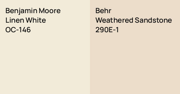 Benjamin Moore Linen White vs. Behr Weathered Sandstone comparison