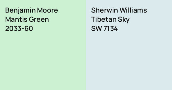 Benjamin Moore Mantis Green vs. Sherwin Williams Tibetan Sky comparison