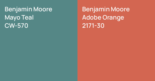 Benjamin Moore Mayo Teal vs. Benjamin Moore Adobe Orange comparison