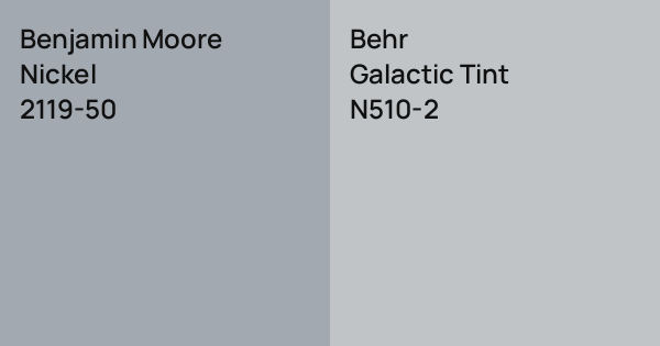 Benjamin Moore Nickel vs. Behr Galactic Tint comparison
