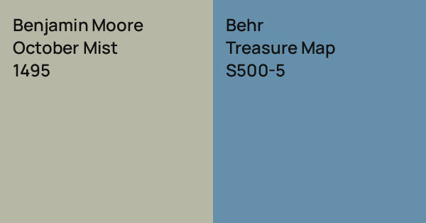 Benjamin Moore October Mist vs. Behr Treasure Map comparison