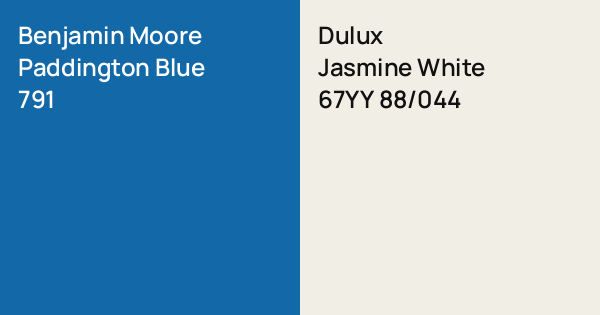 Benjamin Moore Paddington Blue vs. Dulux Jasmine White comparison