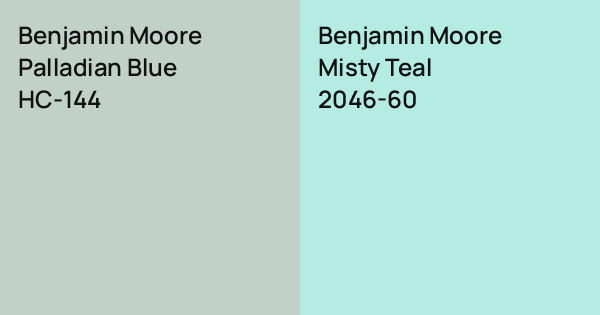 Benjamin Moore Palladian Blue vs. Benjamin Moore Misty Teal comparison