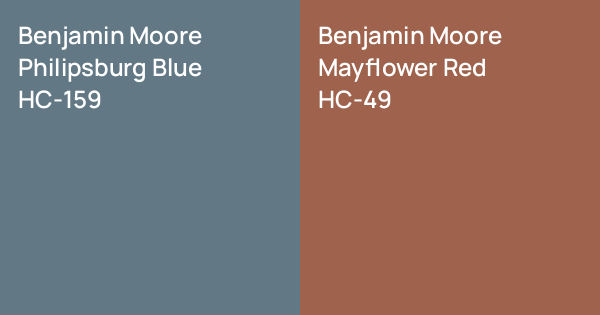 Benjamin Moore Philipsburg Blue vs. Benjamin Moore Mayflower Red comparison