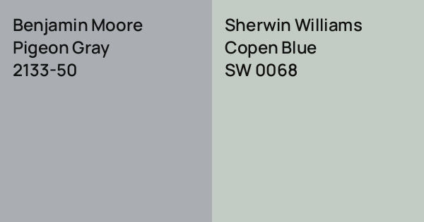 Benjamin Moore Pigeon Gray vs. Sherwin Williams Copen Blue comparison