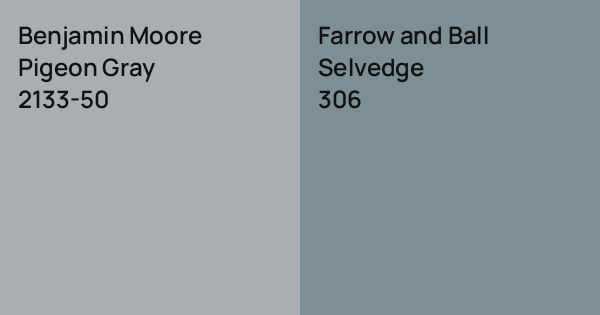 Benjamin Moore Pigeon Gray vs. Farrow and Ball Selvedge comparison