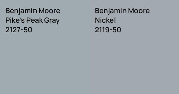 Benjamin Moore Pike's Peak Gray vs. Benjamin Moore Nickel comparison