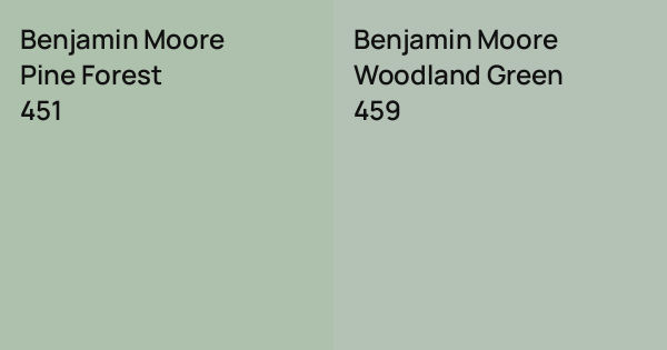 Benjamin Moore Pine Forest vs. Benjamin Moore Woodland Green comparison