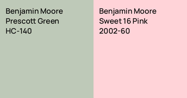 Benjamin Moore Prescott Green vs. Benjamin Moore Sweet 16 Pink comparison