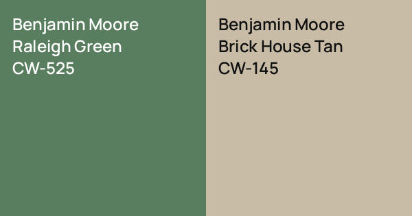 Benjamin Moore Raleigh Green vs. Benjamin Moore Brick House Tan comparison