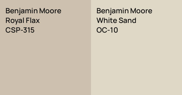 Benjamin Moore Royal Flax vs. Benjamin Moore White Sand comparison