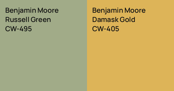 Benjamin Moore Russell Green vs. Benjamin Moore Damask Gold comparison