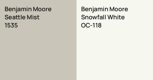 Benjamin Moore Seattle Mist vs. Benjamin Moore Snowfall White comparison