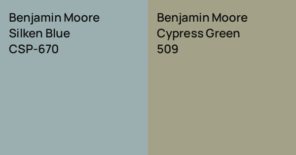 Benjamin Moore Silken Blue vs. Benjamin Moore Cypress Green comparison