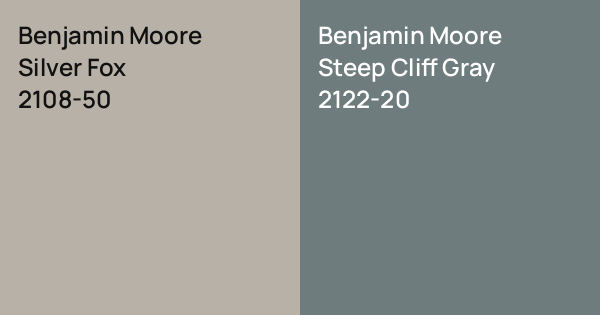 Benjamin Moore Silver Fox vs. Benjamin Moore Steep Cliff Gray comparison