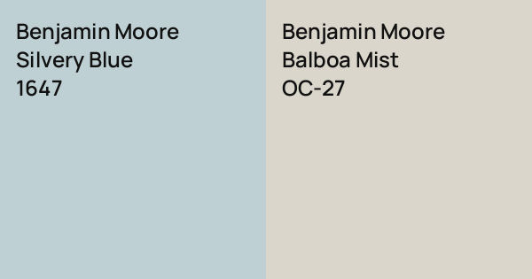 Benjamin Moore Silvery Blue vs. Benjamin Moore Balboa Mist comparison