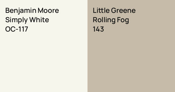 Benjamin Moore Simply White vs. Little Greene Rolling Fog comparison