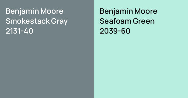 Benjamin Moore Smokestack Gray vs. Benjamin Moore Seafoam Green comparison