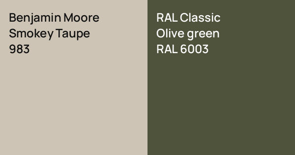 Benjamin Moore Smokey Taupe vs. RAL Classic Olive green comparison