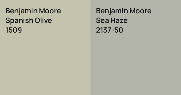 Benjamin Moore Spanish Olive vs. Benjamin Moore Sea Haze comparison