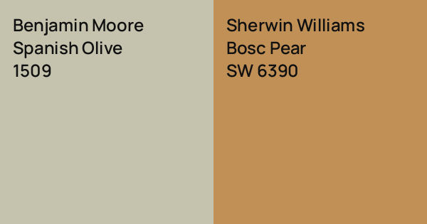 Benjamin Moore Spanish Olive vs. Sherwin Williams Bosc Pear comparison