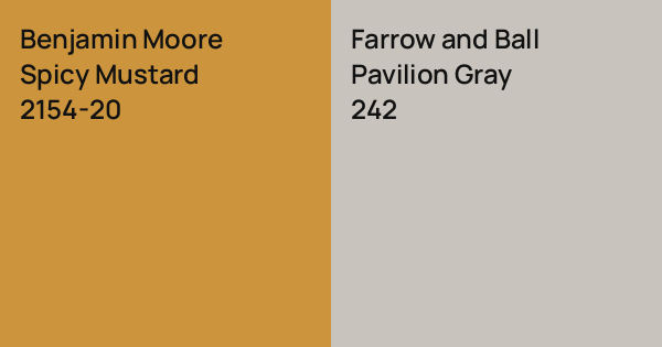 Benjamin Moore Spicy Mustard vs. Farrow and Ball Pavilion Gray comparison