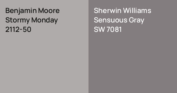 Benjamin Moore Stormy Monday vs. Sherwin Williams Sensuous Gray comparison