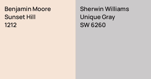 Benjamin Moore Sunset Hill vs. Sherwin Williams Unique Gray comparison
