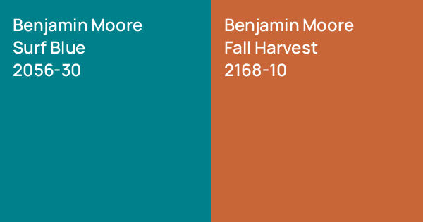 Benjamin Moore Surf Blue vs. Benjamin Moore Fall Harvest comparison