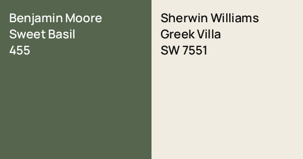 Benjamin Moore Sweet Basil vs. Sherwin Williams Greek Villa comparison