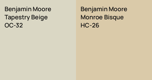 Benjamin Moore Tapestry Beige vs. Benjamin Moore Monroe Bisque comparison