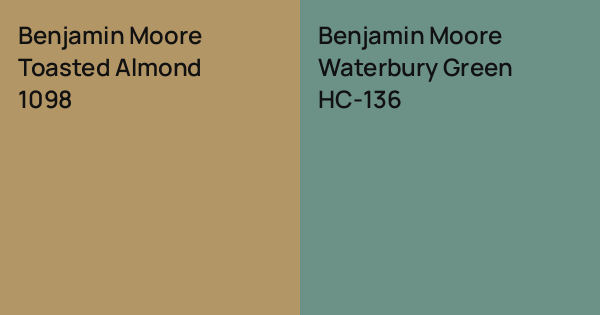 Benjamin Moore Toasted Almond vs. Benjamin Moore Waterbury Green comparison