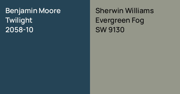 Benjamin Moore Twilight vs. Sherwin Williams Evergreen Fog comparison