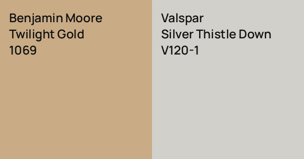 Benjamin Moore Twilight Gold vs. Valspar Silver Thistle Down comparison