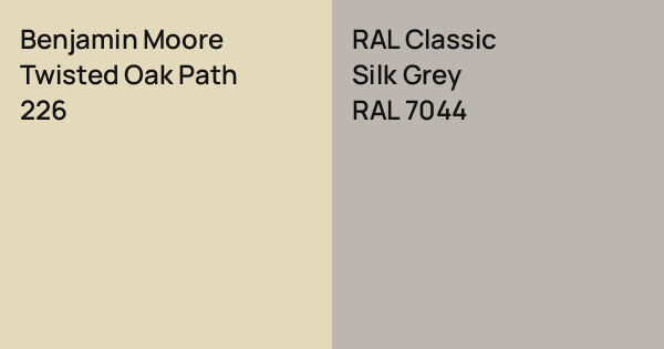 Benjamin Moore Twisted Oak Path vs. RAL Classic Silk Grey comparison
