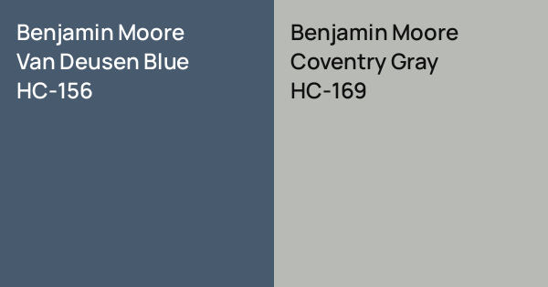 Benjamin Moore Van Deusen Blue vs. Benjamin Moore Coventry Gray comparison