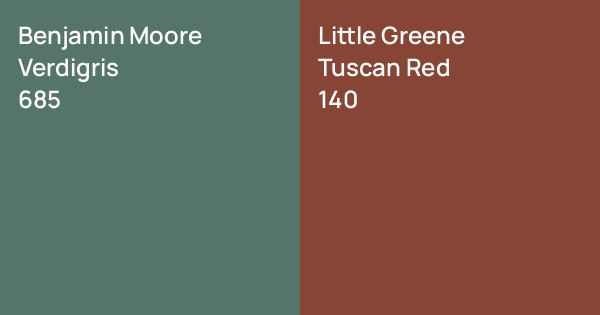 Benjamin Moore Verdigris vs. Little Greene Tuscan Red comparison