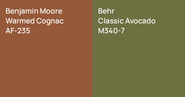 Benjamin Moore Warmed Cognac vs. Behr Classic Avocado comparison