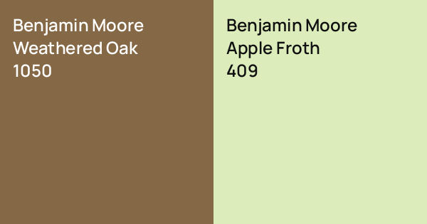 Benjamin Moore Weathered Oak vs. Benjamin Moore Apple Froth comparison