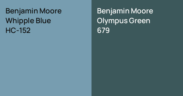 Benjamin Moore Whipple Blue vs. Benjamin Moore Olympus Green comparison
